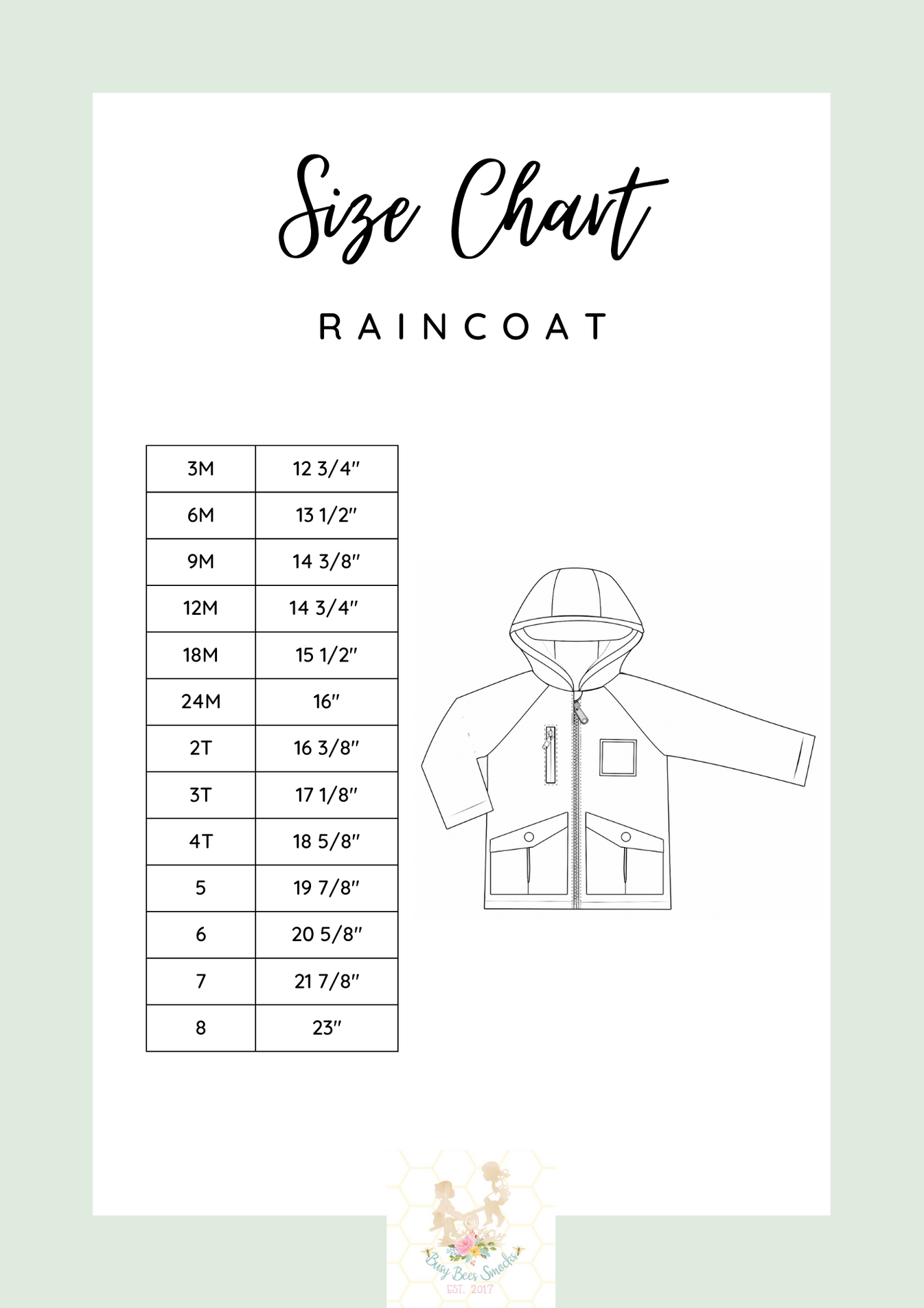 Raincoat Size Chart – Busy Bee Smocks!